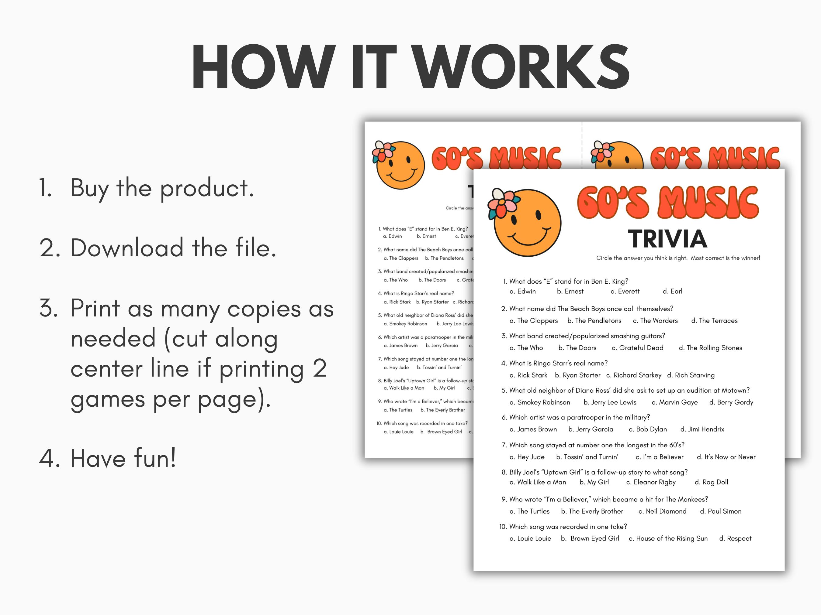 60s Music Trivia Game, 1960s Theme Party Game, 60s Trivia, Groovy Retro ...