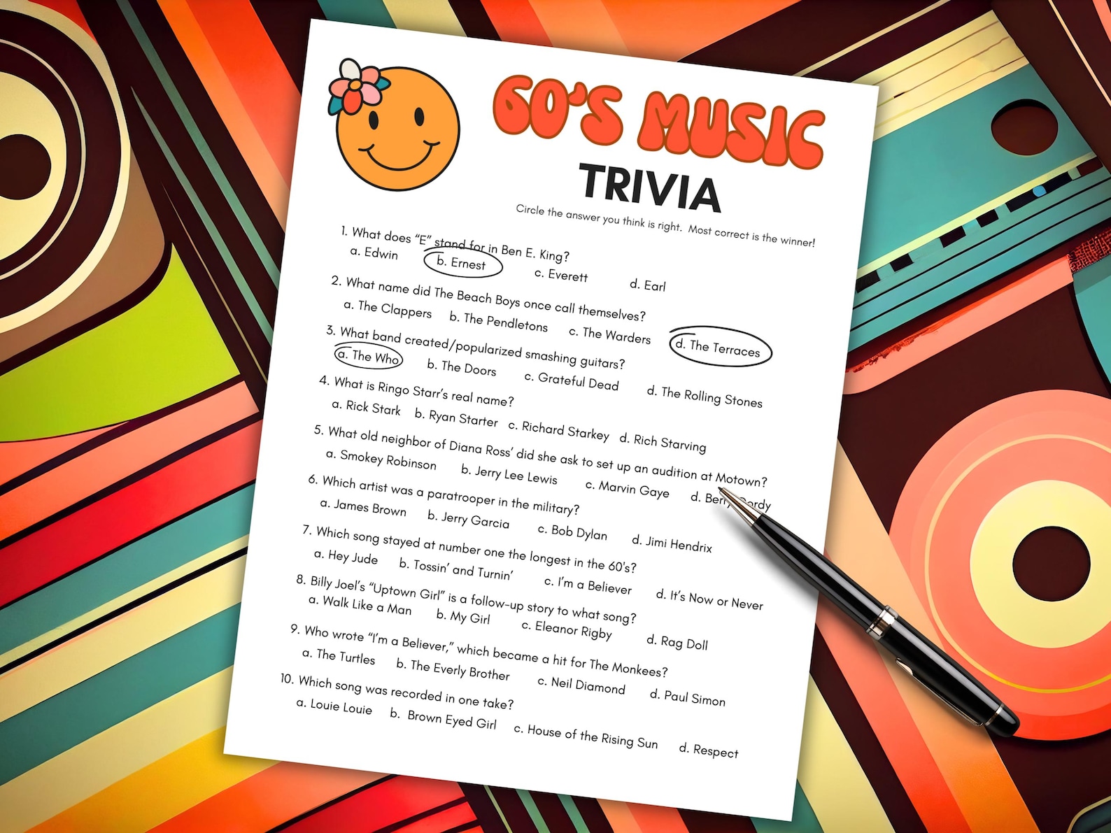 60s Music Trivia Game, 1960s Theme Party Game, 60s Trivia, Groovy Retro ...