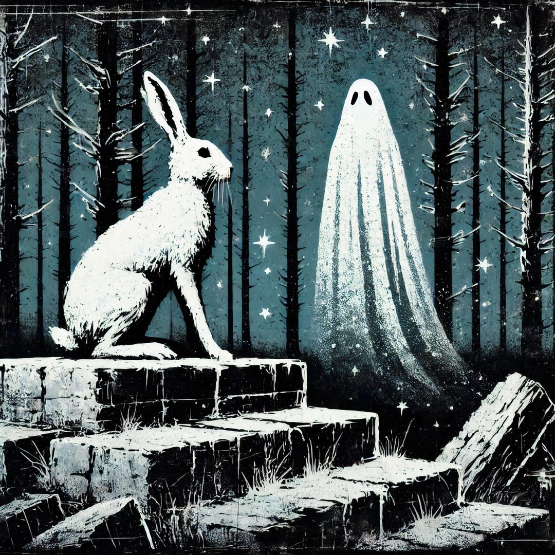 Original Art Forest Friends Whimsical Art, Hare and Ghost, Spooky ...