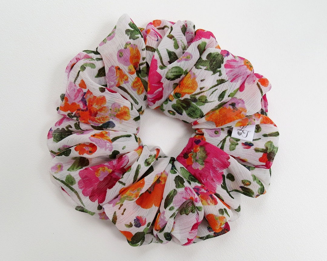 White Floral Chiffon Scrunchie, Elastic Hair Tie Scrunchies, Handmade ...