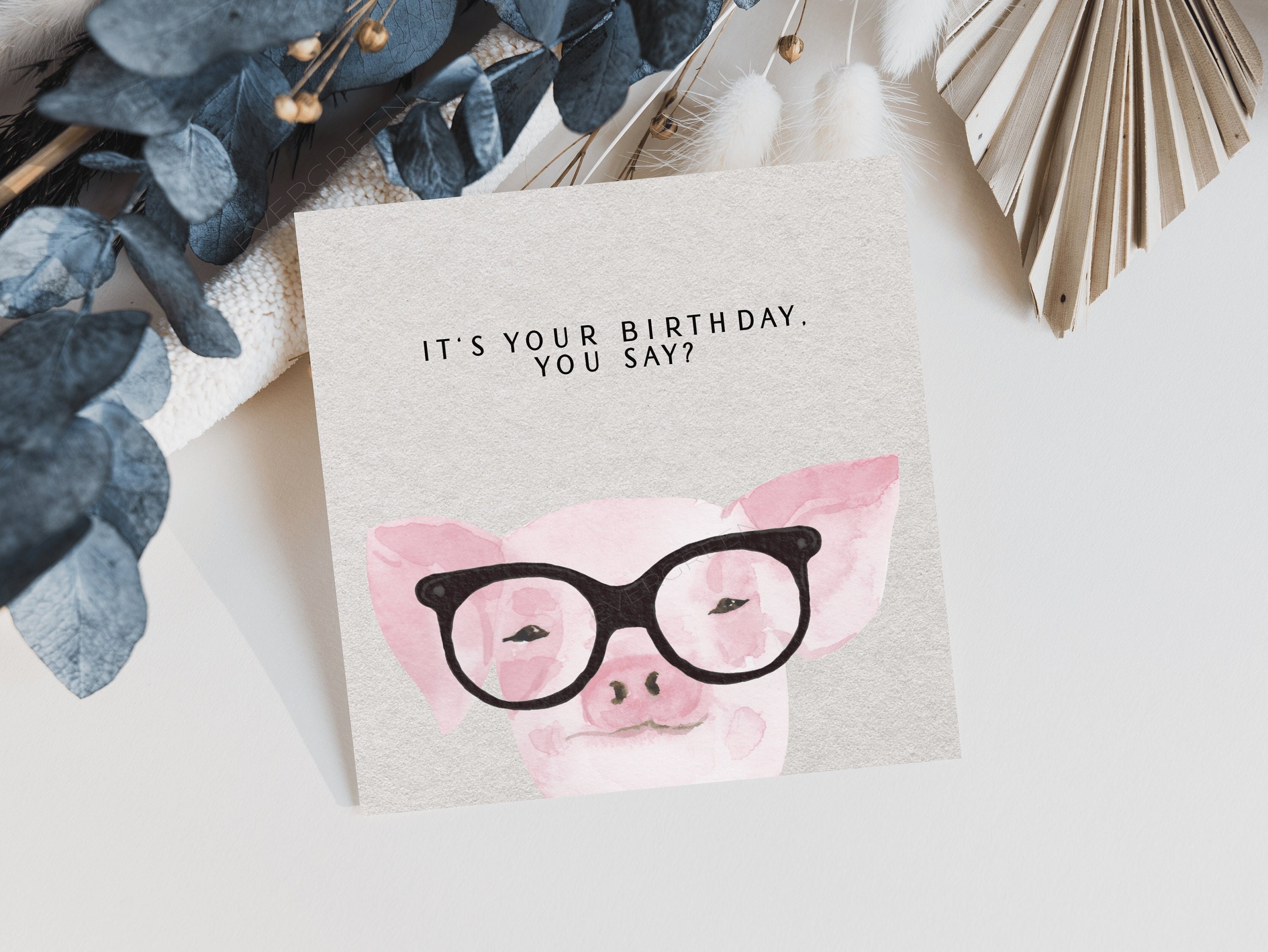 Hilarious Pig Happy Birthday Card Printable Instant Download Minimalist ...