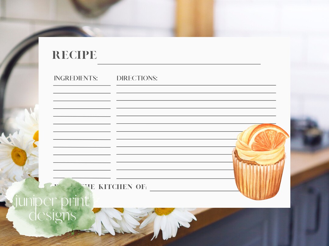 Watercolor Cupcake Recipe Card, Printable Recipe Card for Bridal Shower ...