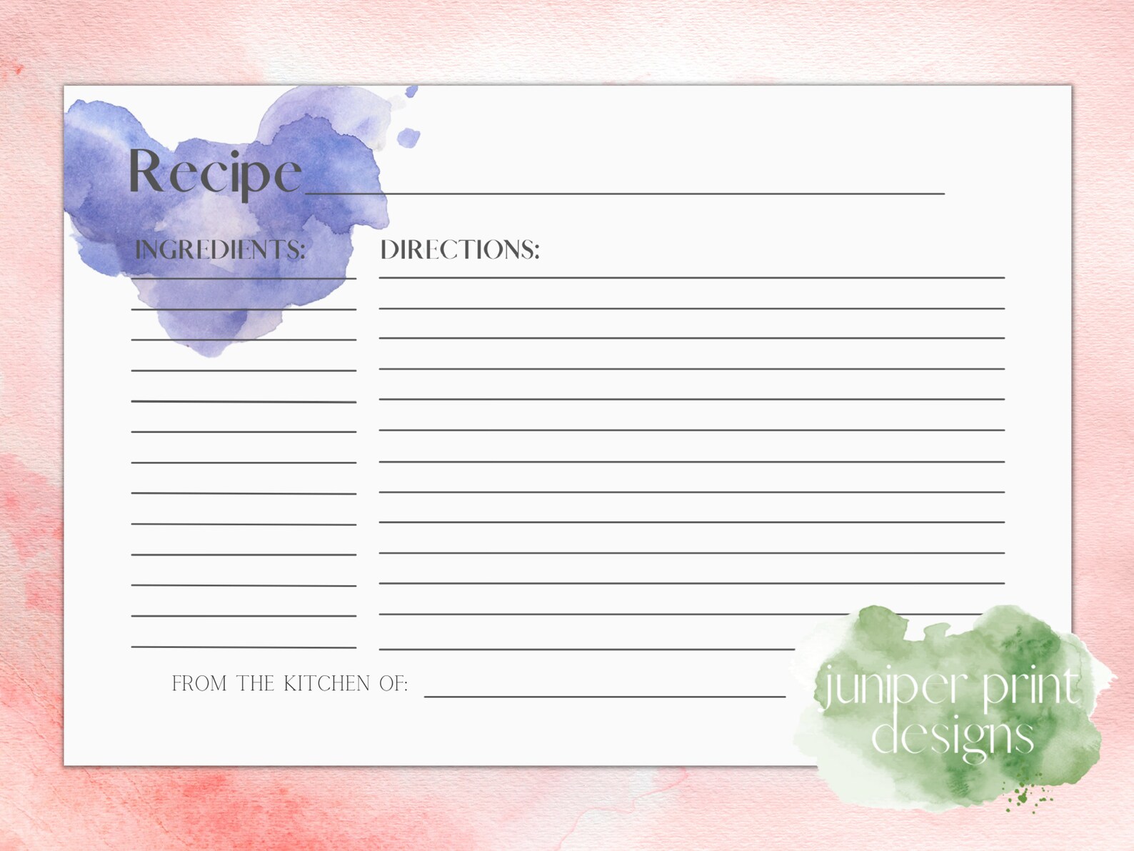 Watercolor Recipe Card Template, Printable Recipe Card for Bridal ...
