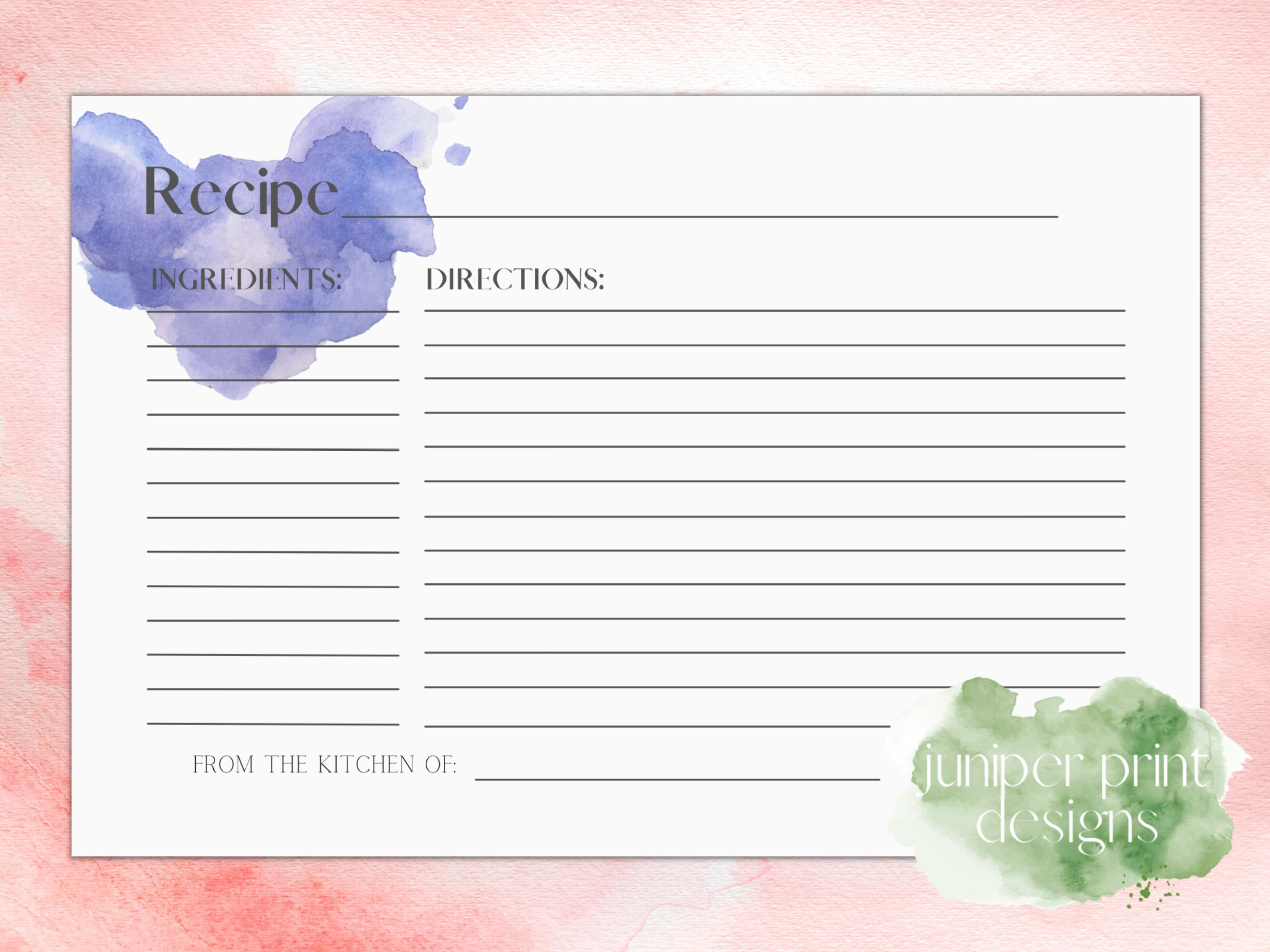 Watercolor Recipe Card Template, Printable Recipe Card for Bridal ...