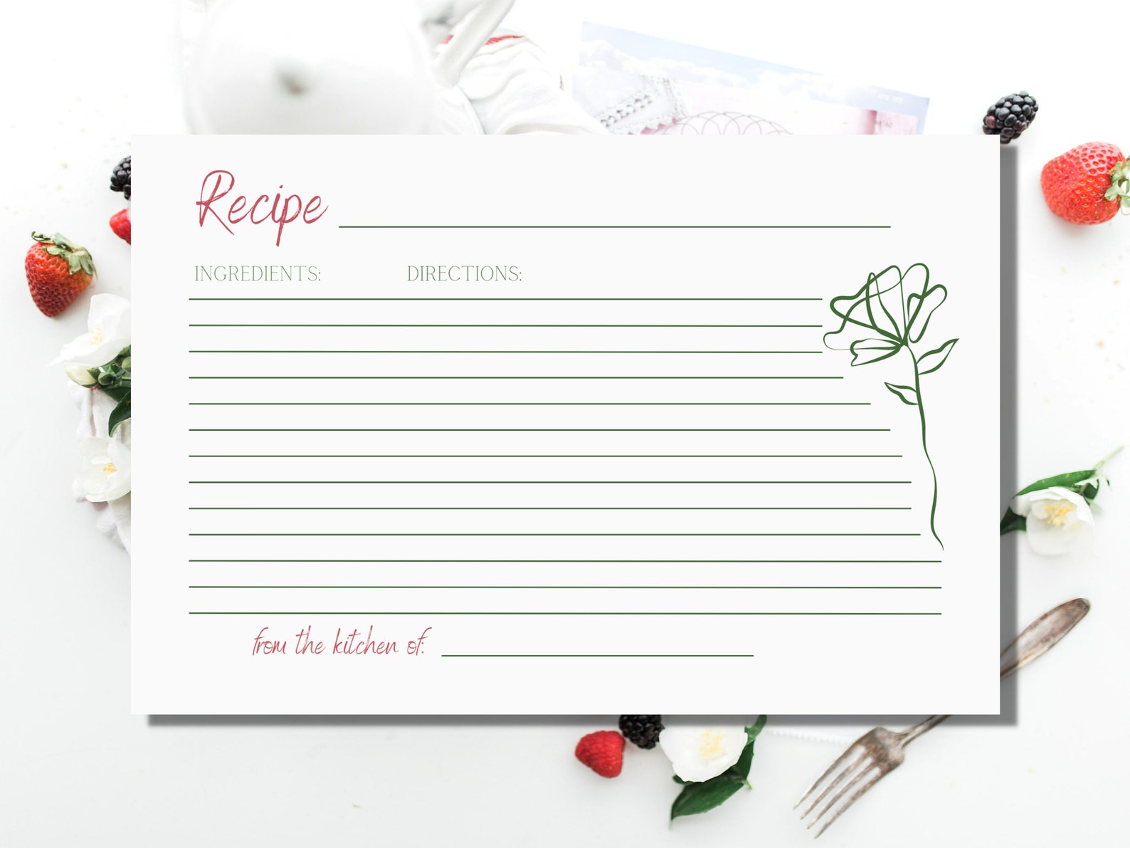 Floral Recipe Card Template, Printable Recipe Card for Bridal Shower ...