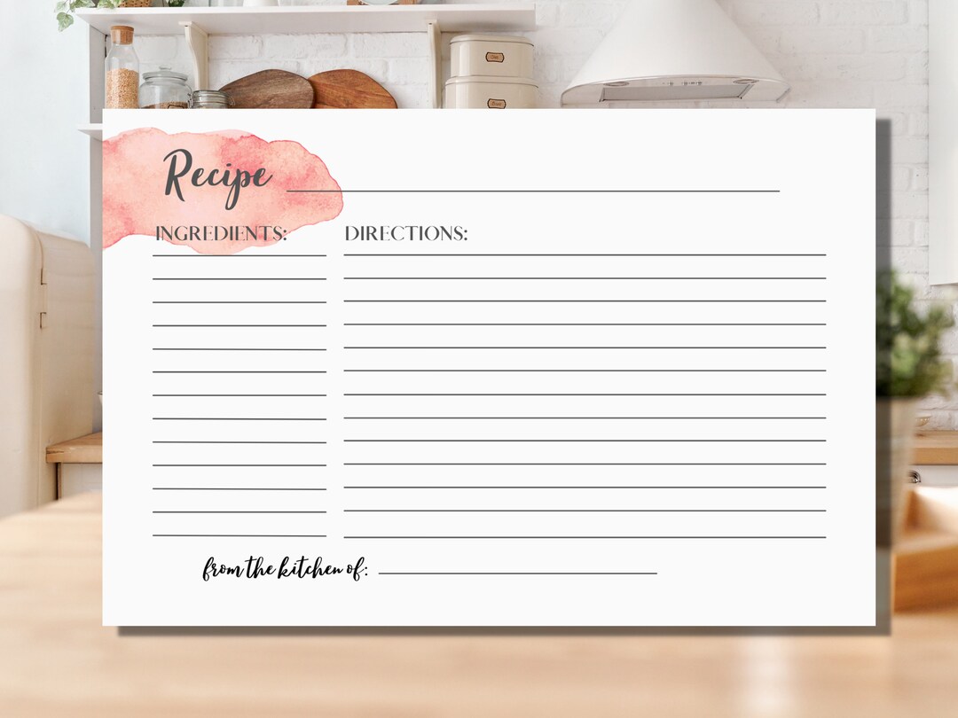 Watercolor Recipe Card Template, Printable Recipe Card for Bridal ...