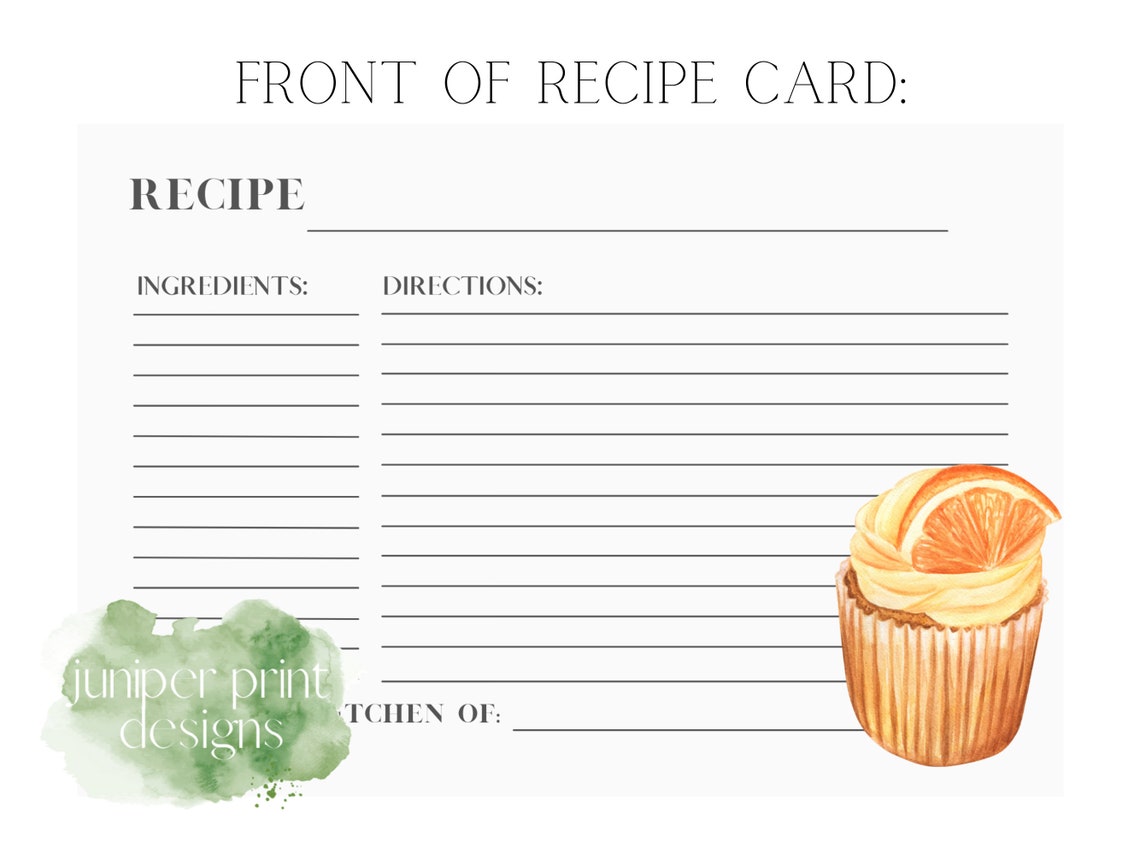 Watercolor Cupcake Recipe Card, Printable Recipe Card for Bridal Shower ...
