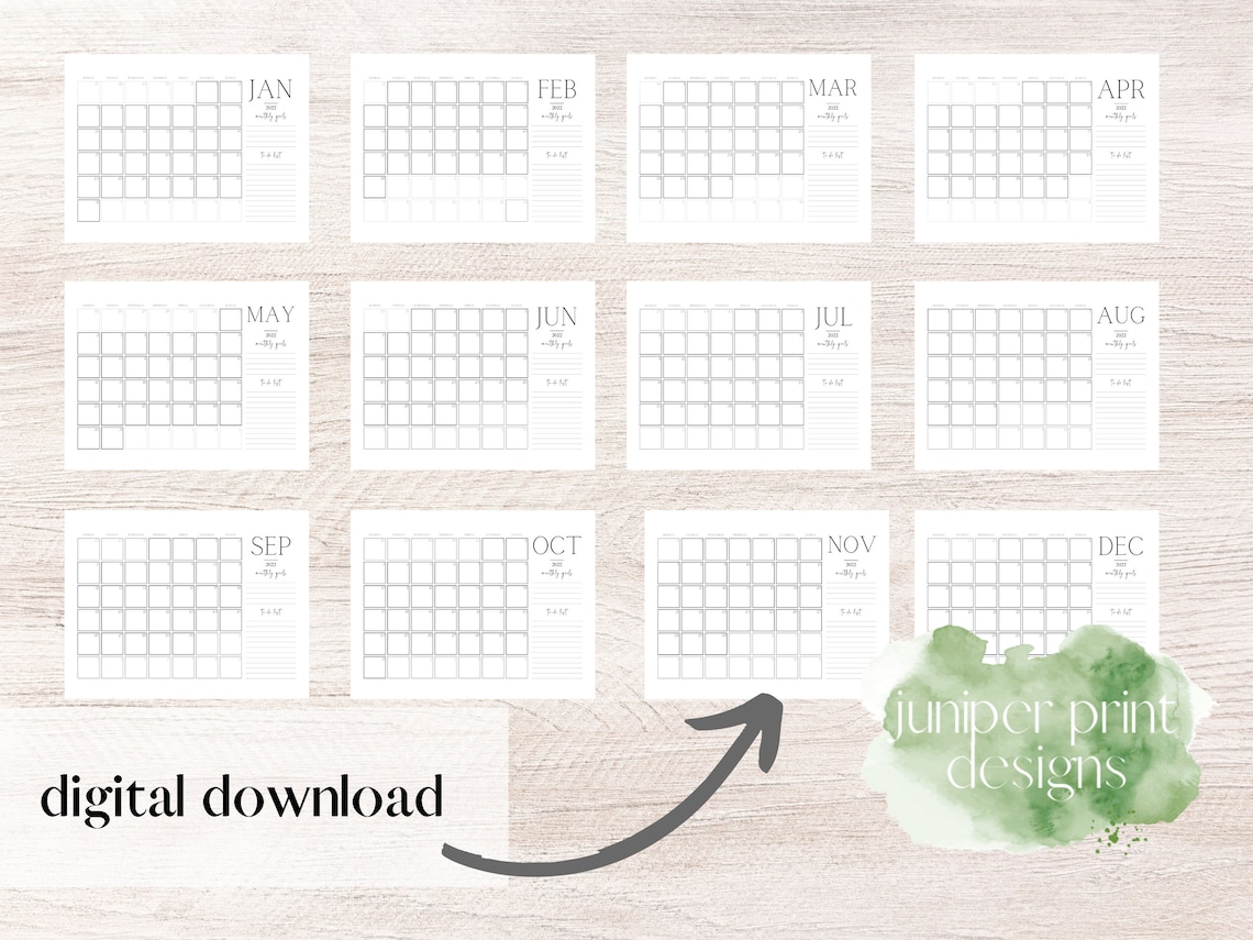 2022 Monthly Calendar Landscape, 2022 Calendar Printable, Printable ...