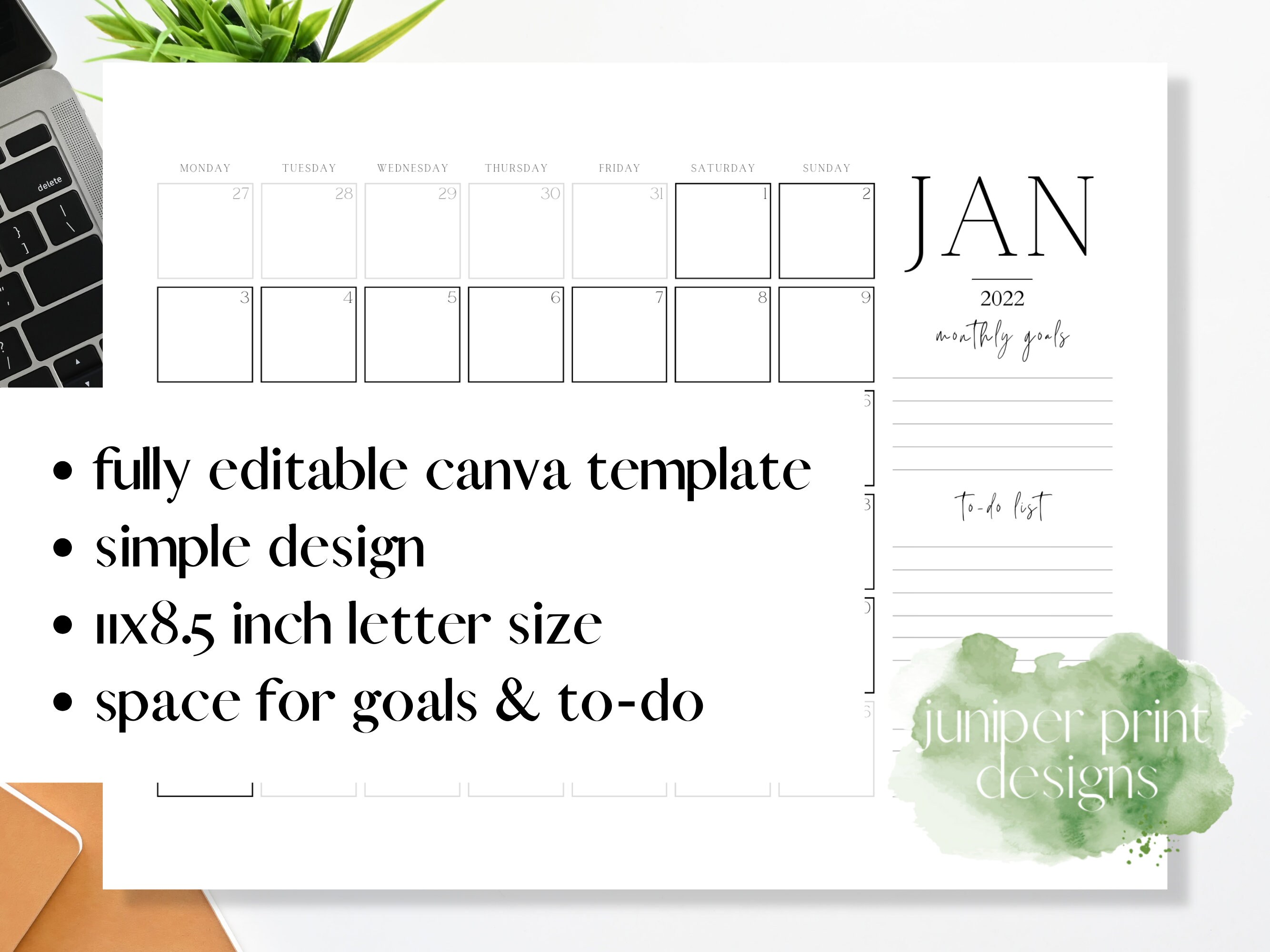 2022 Monthly Calendar Landscape, 2022 Calendar Printable, Printable ...