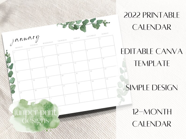 2022 Monthly Calendar Printable, Simple Digital Calendar, Printable ...