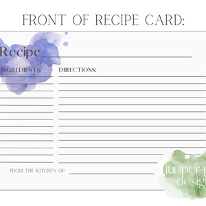 Watercolor Recipe Card Template, Printable Recipe Card for Bridal ...