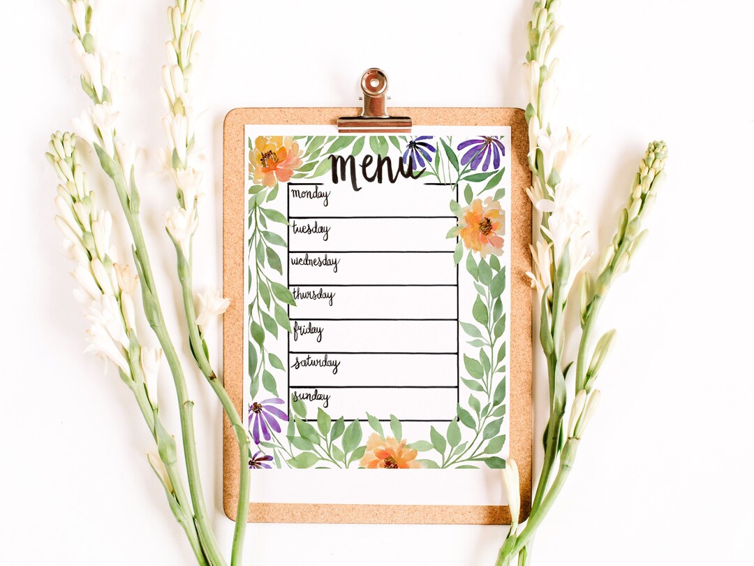 Printable Weekly Menu in Floral Pattern | Watercolour | Digital ...