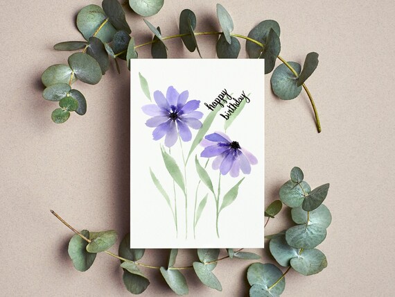Printable Birthday Card Purple Flowers Watercolour | Etsy