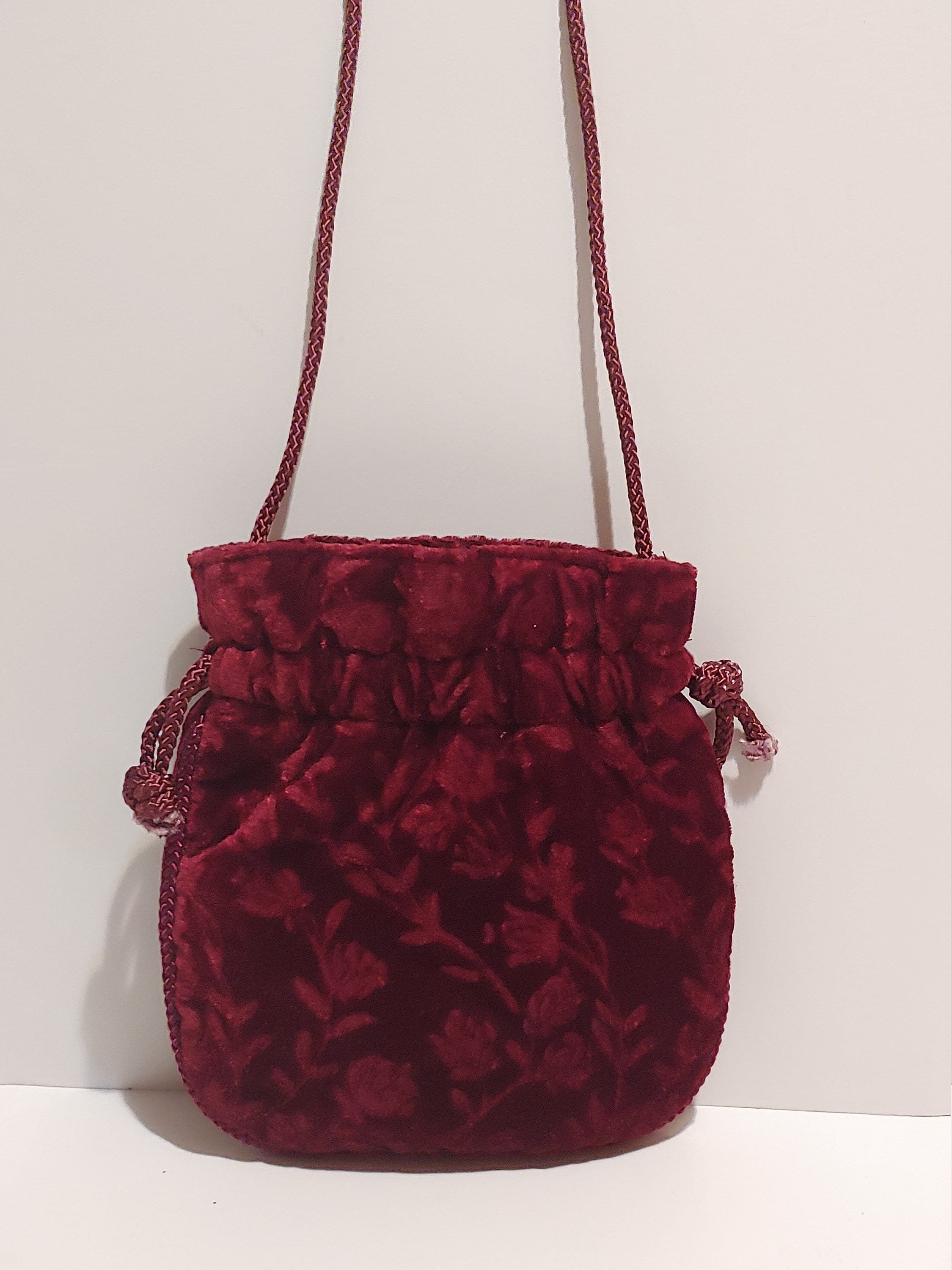 VINTAGE CRIMSON RED Floral Drawstring Pouch Bag W/ Long Rope Strap - Etsy