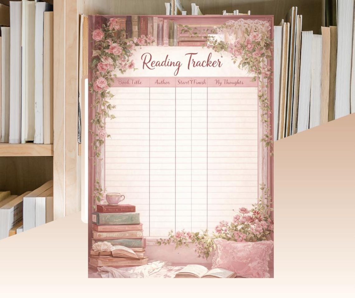 Cottagecore Reading Tracker Printable, Pink Library Book Log Journal ...
