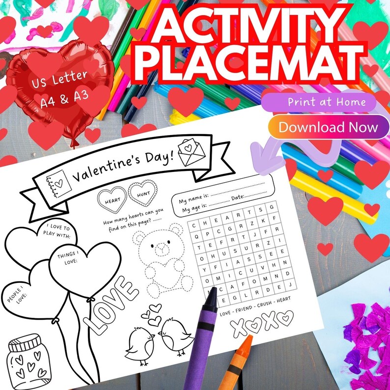 Valentine's Day Kids Coloring Placemat – Printable Party Activity (PDF ...