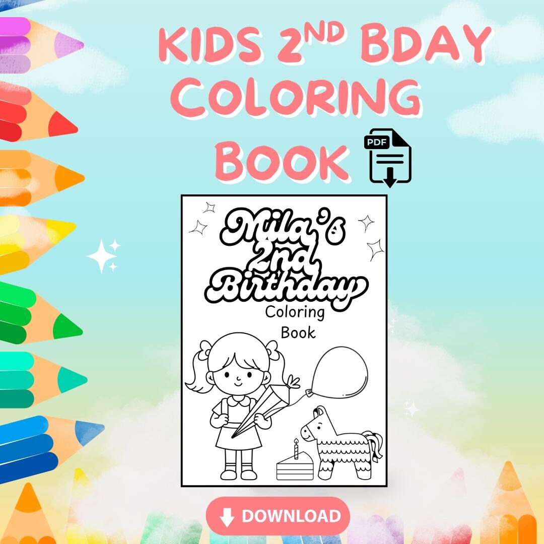 Personalized 2nd Birthday Coloring Book: Girls Party Activity (editable ...
