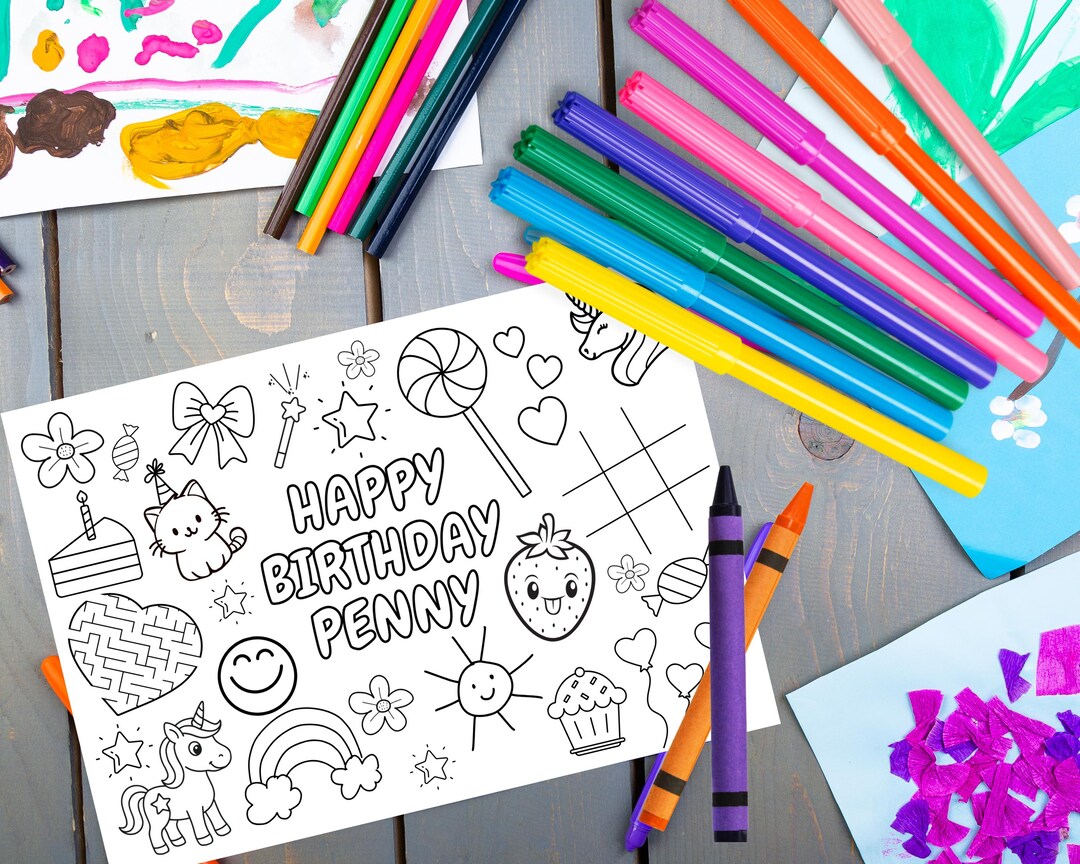 Personalized Kids Birthday Coloring Placemat – Printable Party Activity ...