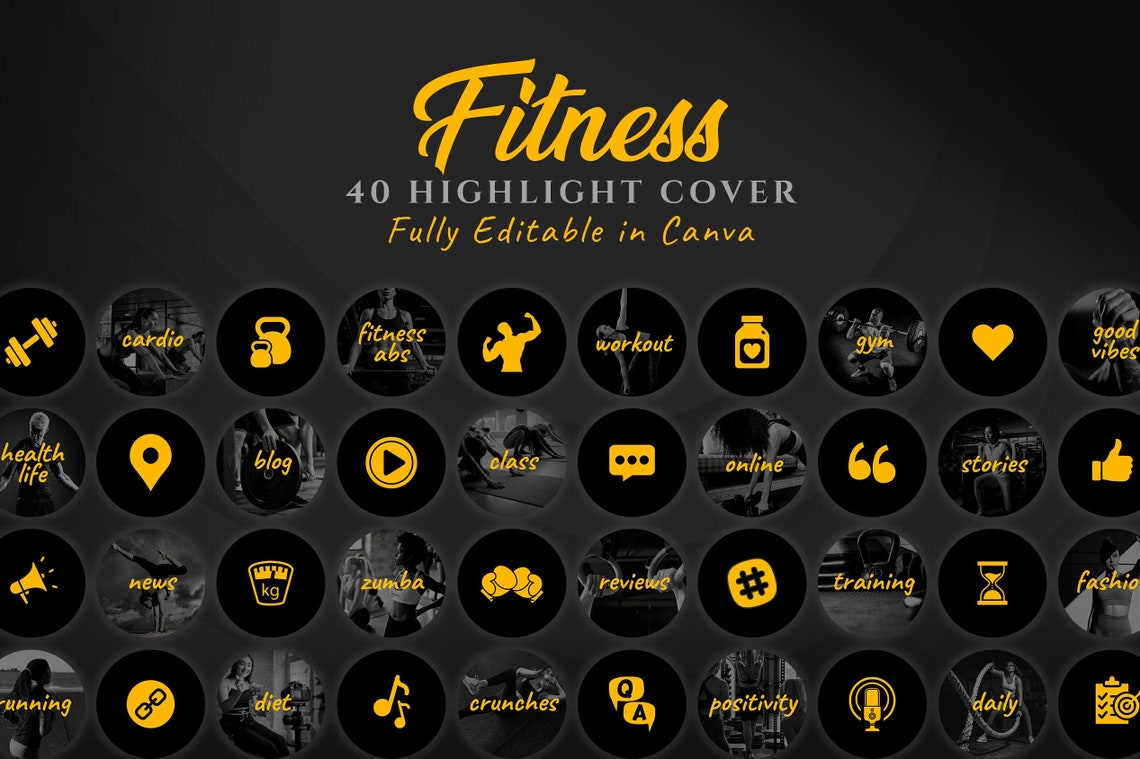Fitness Highlight Covers Canva | 40 Black Icon Set | Gym IG Story Icons ...