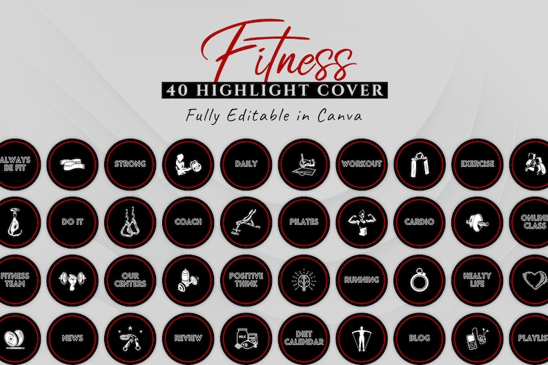 Fitness Black Highlight Covers Canva | 40 Sports Icon PNG Set | Gym IG ...