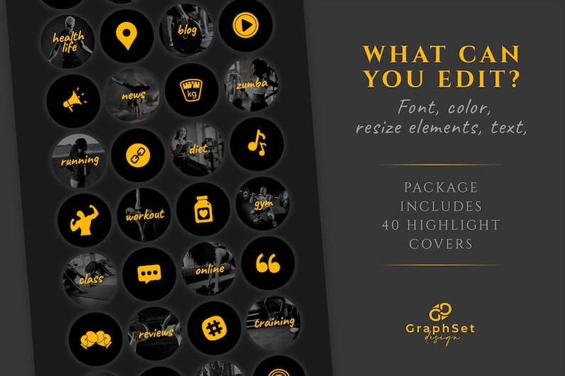Fitness Highlight Covers Canva | 40 Black Icon Set | Gym IG Story Icons ...