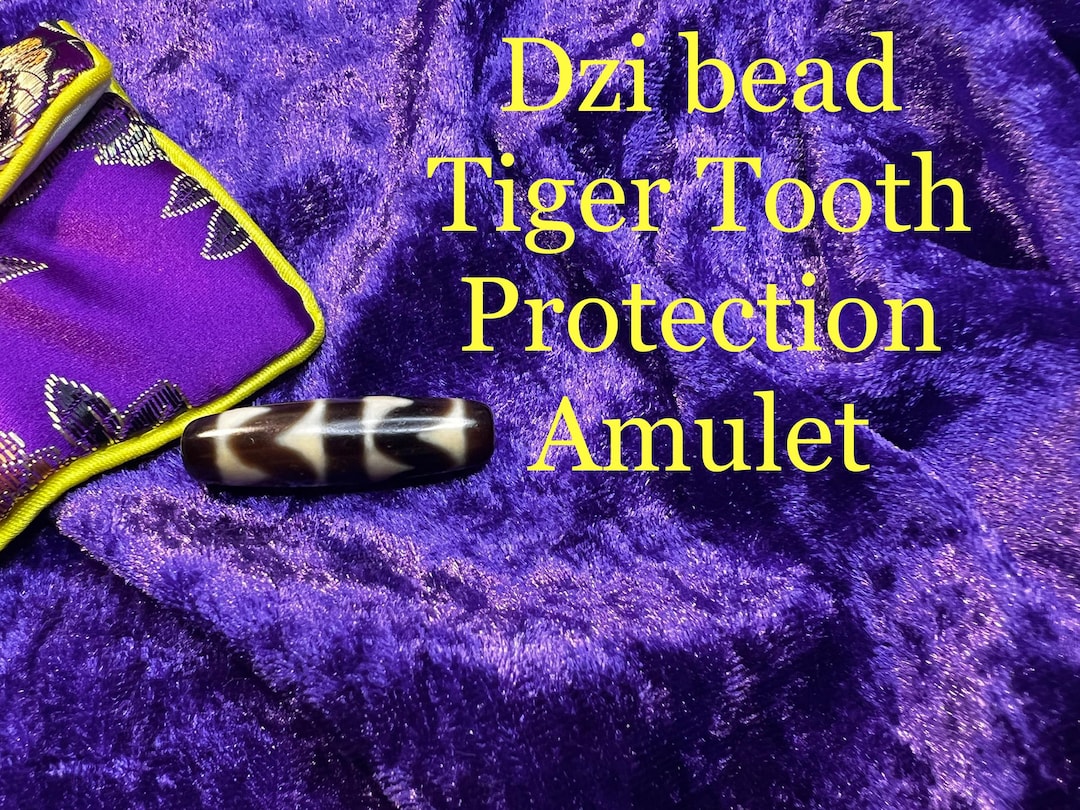 Double Tiger Tooth Dzi Bead Tibetan Protection Amulet Spiritual Shield ...