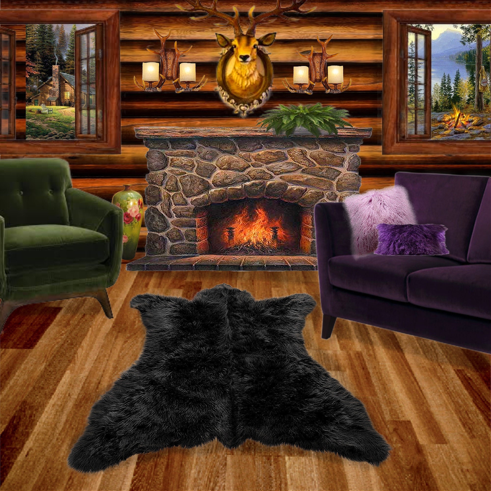 Romantic Fireplace Bearskin Rug By