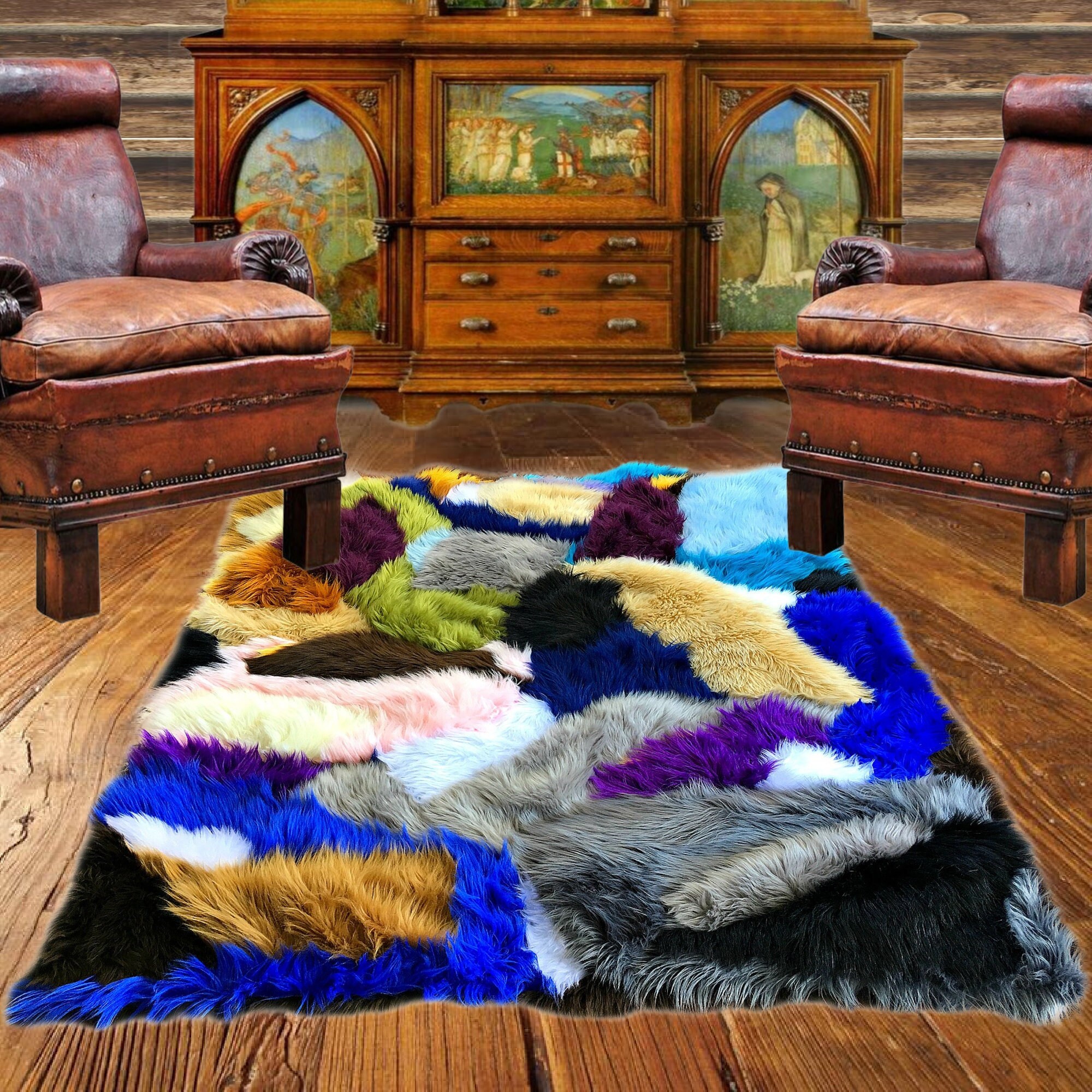 Handmade Rectangular Shaped Stained Glass Design Pelt Rug, Luxurious ...