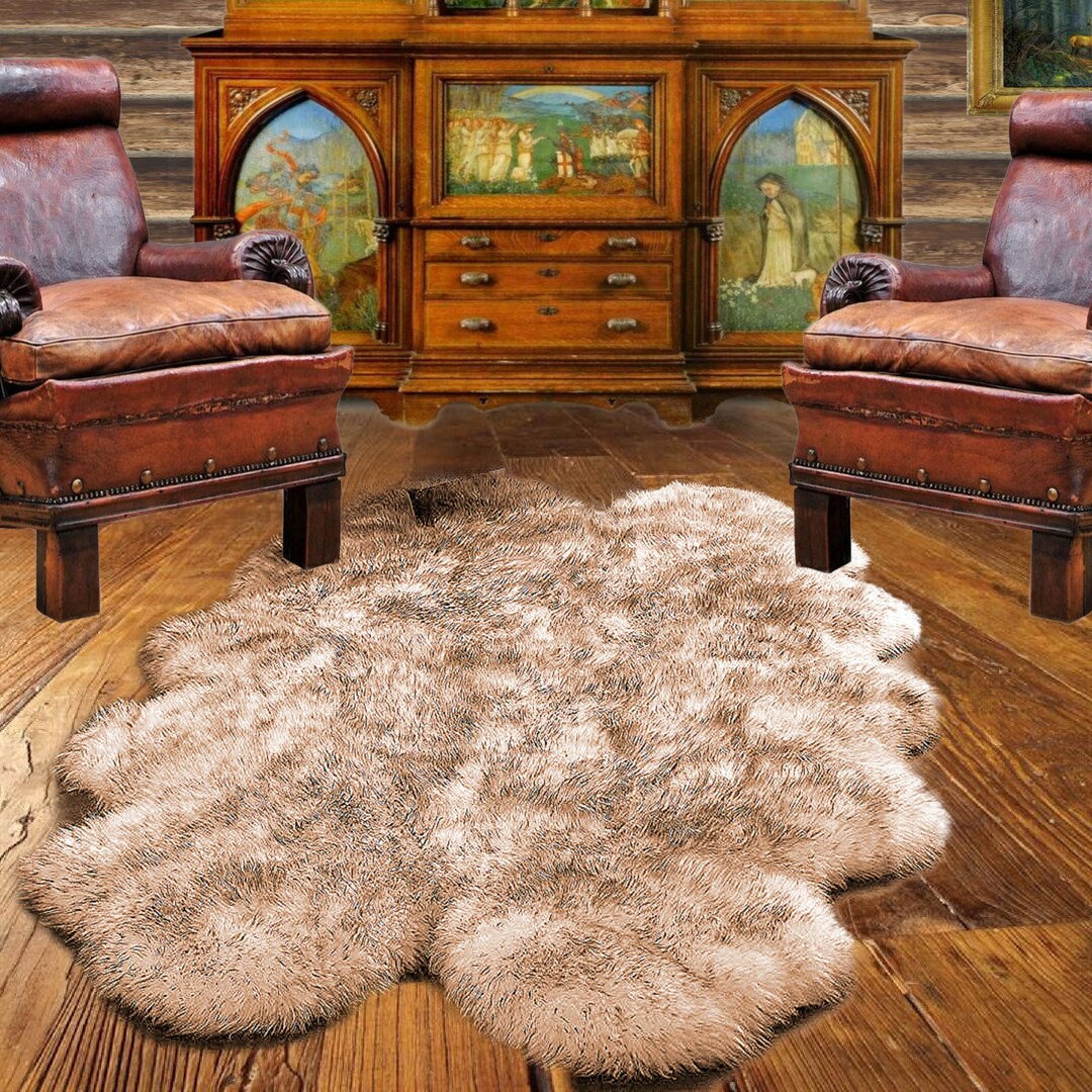 Plush Faux Fur Sheepskin Pelt Rug, Black Tipped or Brown Tipped, Thick ...