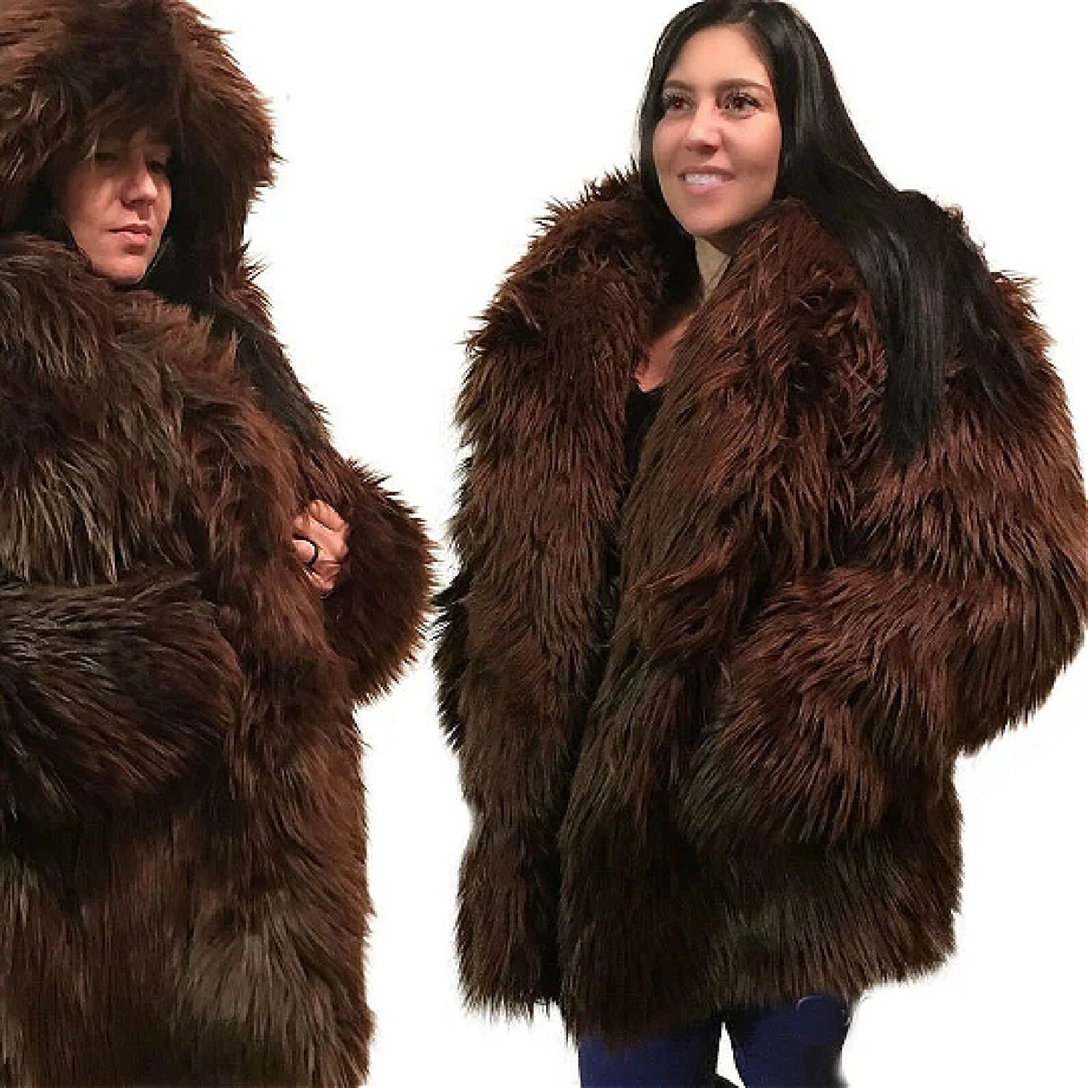 Oversized Brown Faux Fur Shag Jacket, Unisex Hooded Coat, Made in ...