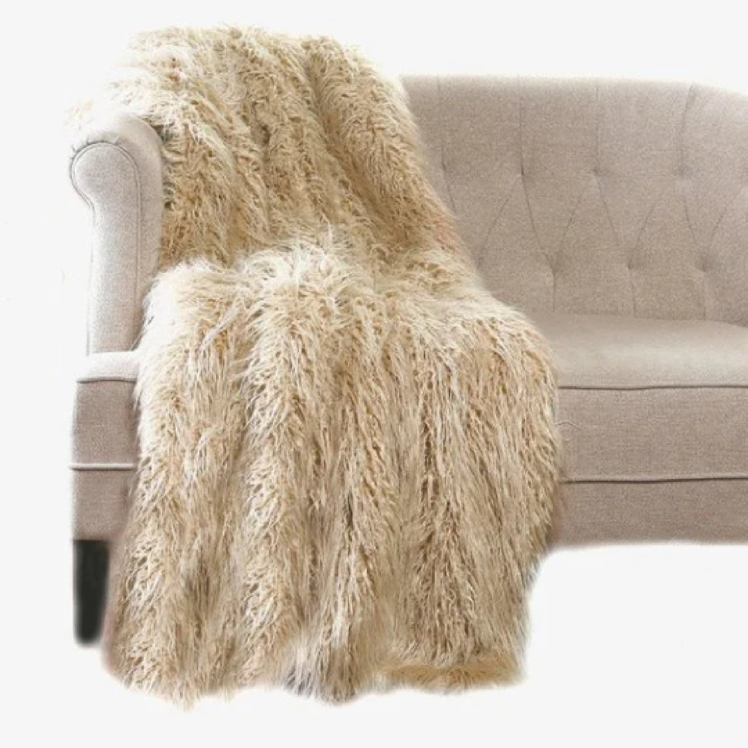 Beige Mongolian Shag Throw Blanket, Animal Friendly Faux Fur, Minky ...