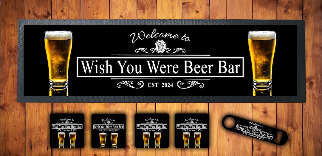 Beer Bar Custom Bar Runner Mat, Matching Coasters and Bottle Opener ...