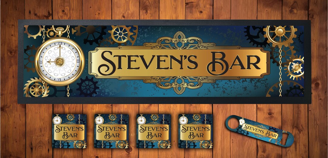 Custom Steampunk Bar Runner Mat, Matching Coasters, Bottle Opener - Etsy