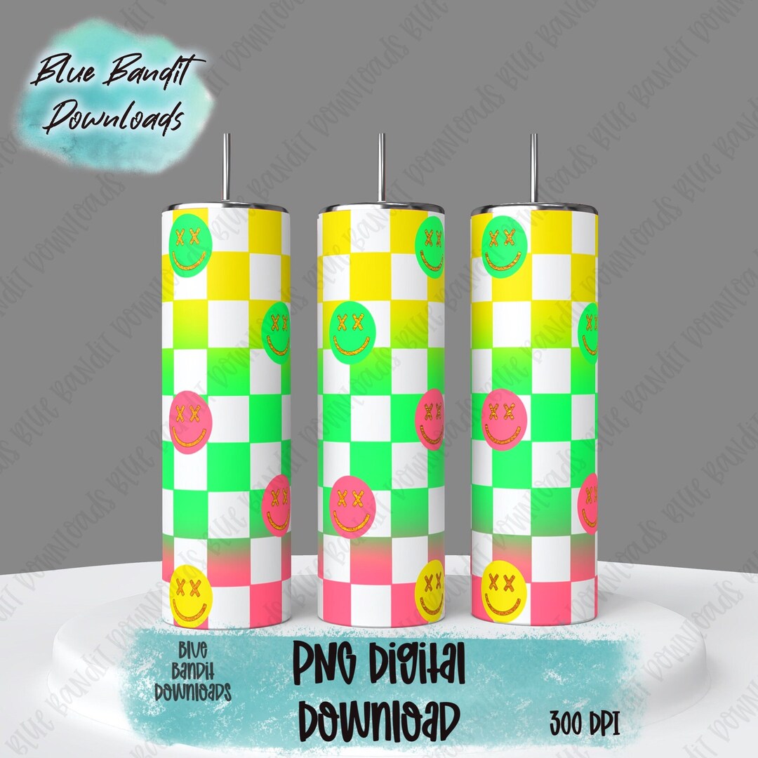 20oz Smiley Face Digital Download Checkers Bright Tumbler Wrap Add Name ...