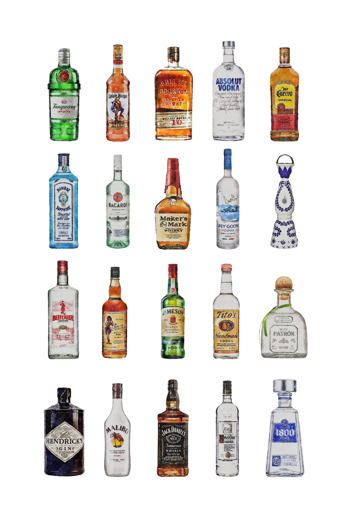 Classic Liquor Bottle Collage, Digital Illustration of Whiskey, Vodka ...