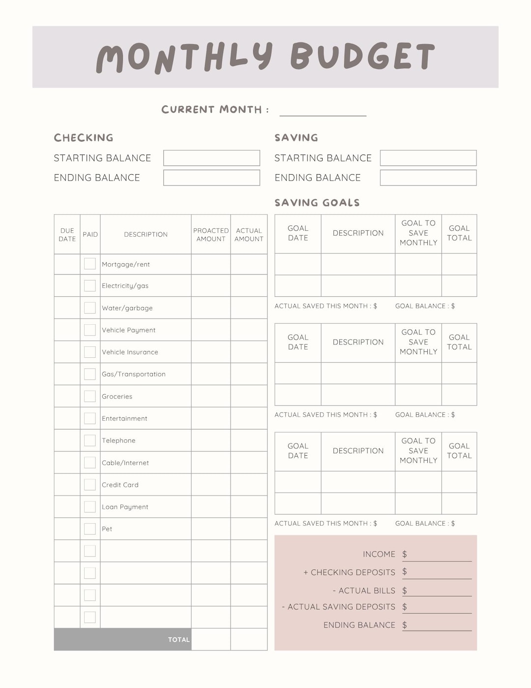 White Minimal Monthly Budget Planner - Etsy