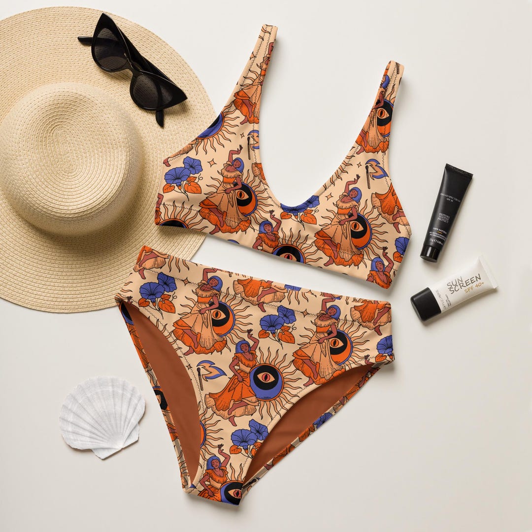 Retro Witchy Bikini Set, Plus Size Bathing Suit, Orange and Blue Bikini ...