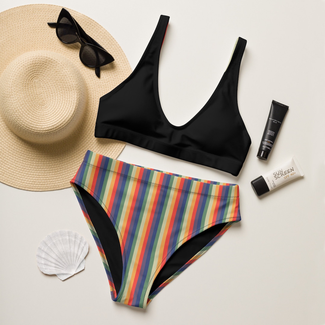 Rainbow Two Piece Swimsuit/ Pride Bikini/ Recycled High-waisted Bikini ...