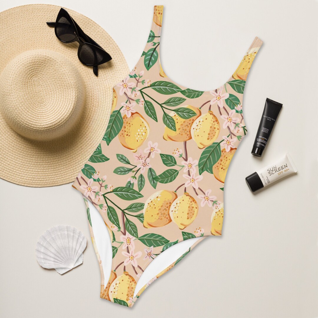 Summer Light Pink Lemon One-piece Swimsuit, Lemon Bathing Suit ...