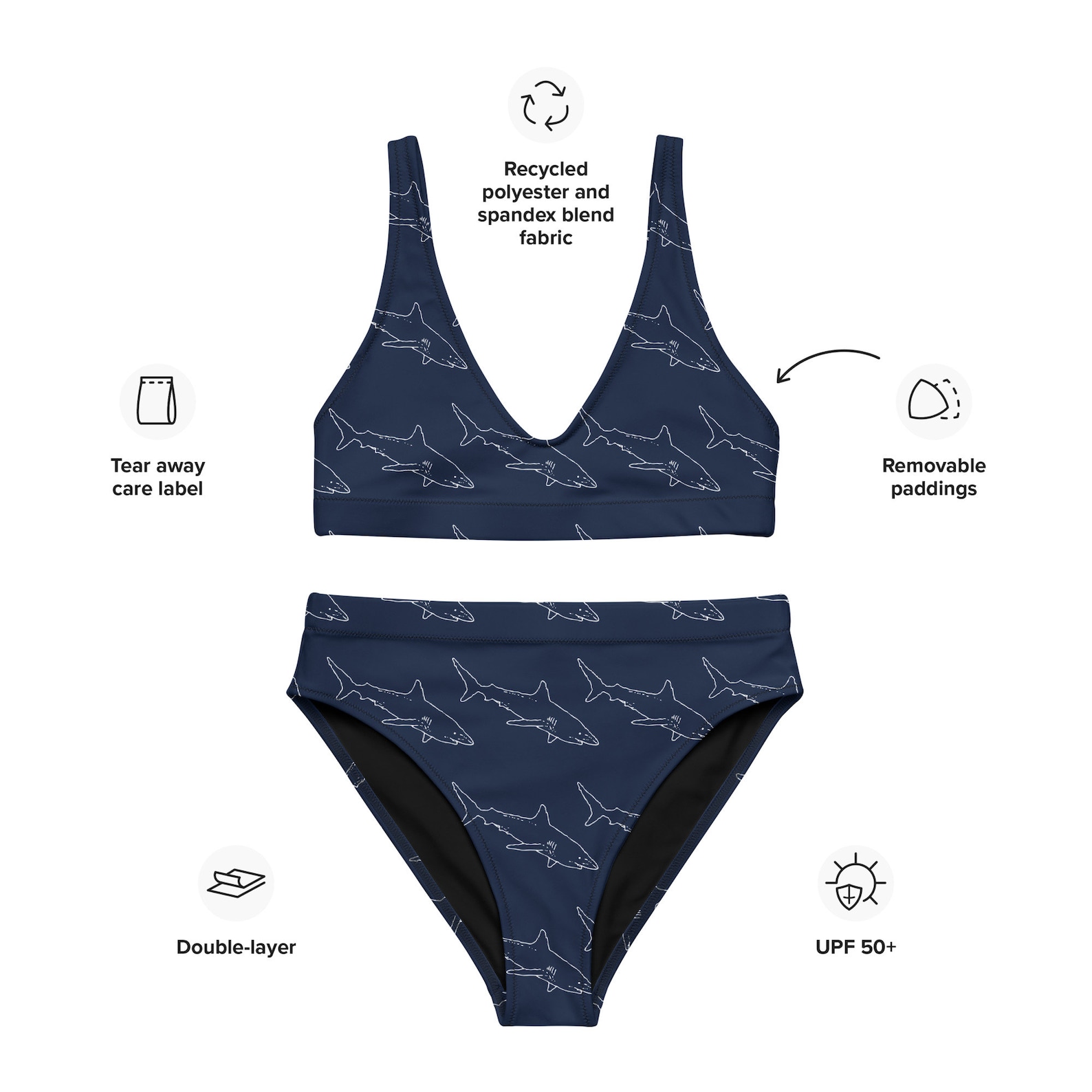 Deep Blue Coastal Shark Bikini Set in Navy/ Recycled High-waisted ...