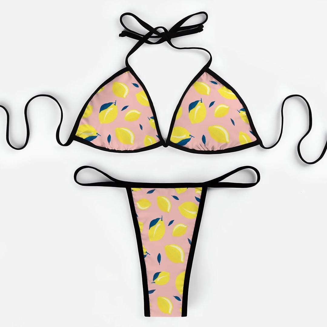 Cute Lemon Bikini Set, Pink Lemon Bikini, Lemon String Bikini, Sexy String Bikini Set, Cute ...
