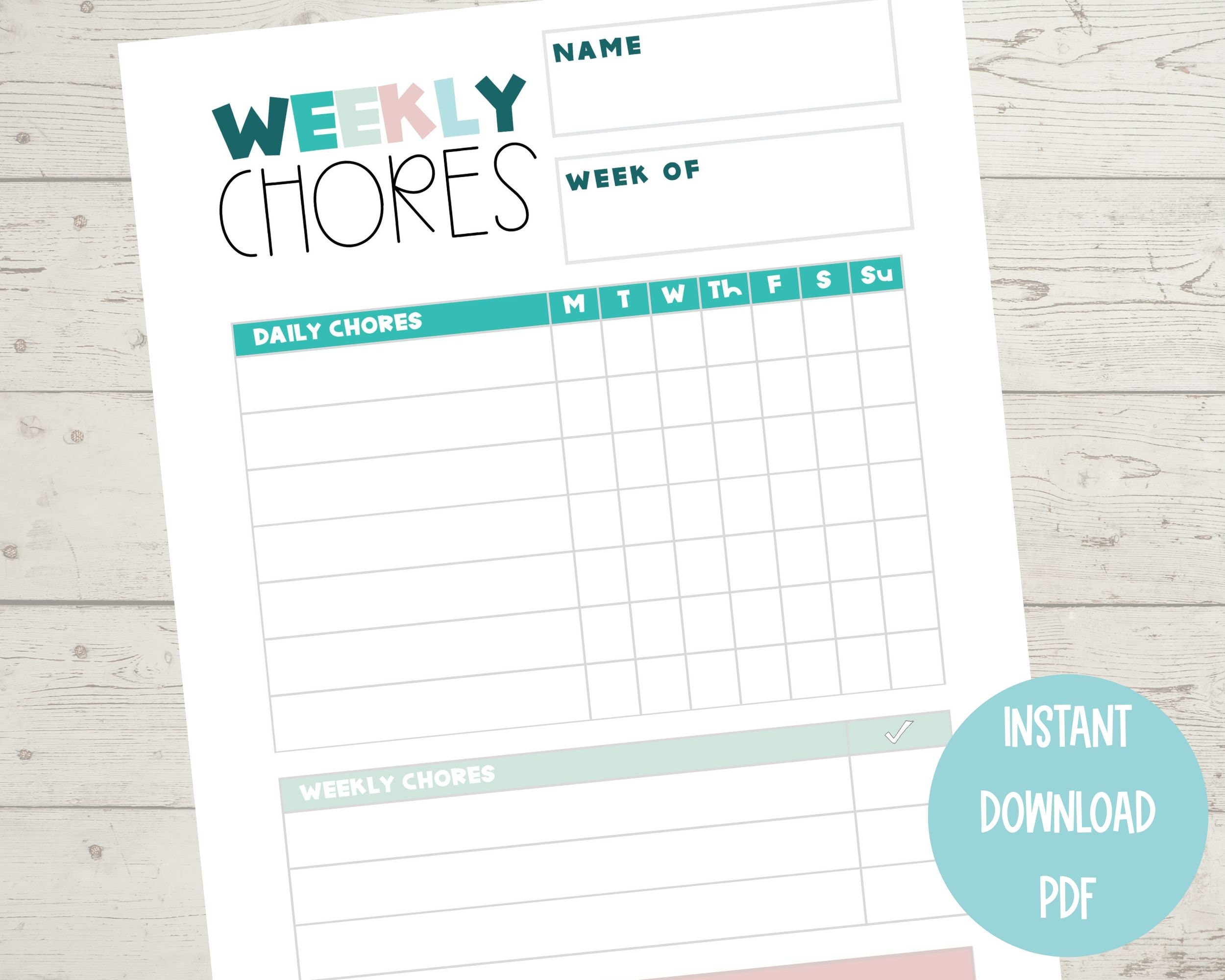 Colorful Modern Weekly Chore Chart Printable Editable or Print and Fill ...