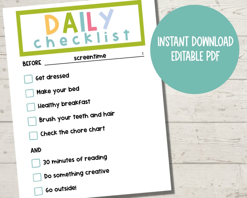 Daily Screen Time Checklist | Editable PDF - Etsy