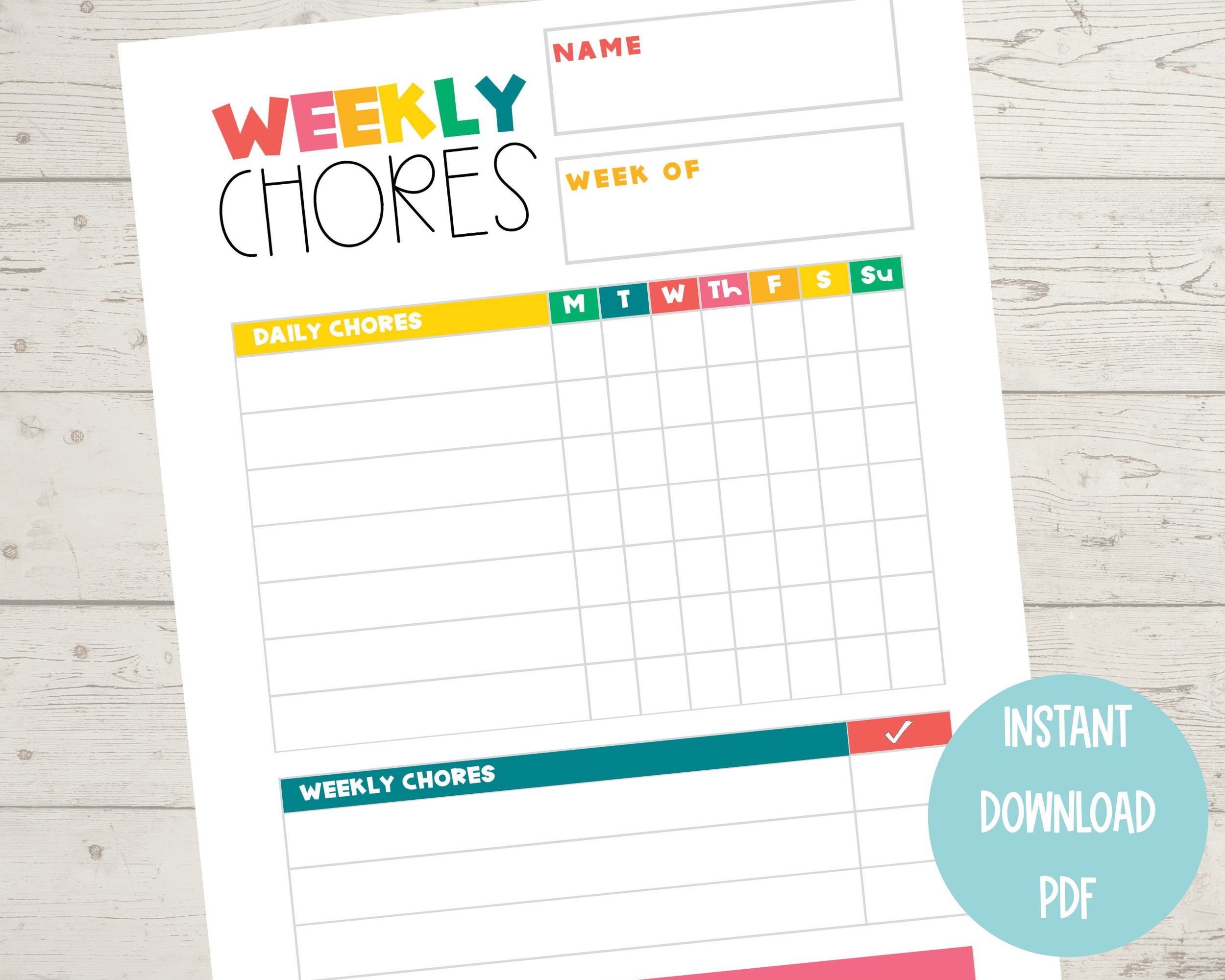 Colorful Modern Weekly Chore Chart Printable Editable or Print and Fill ...