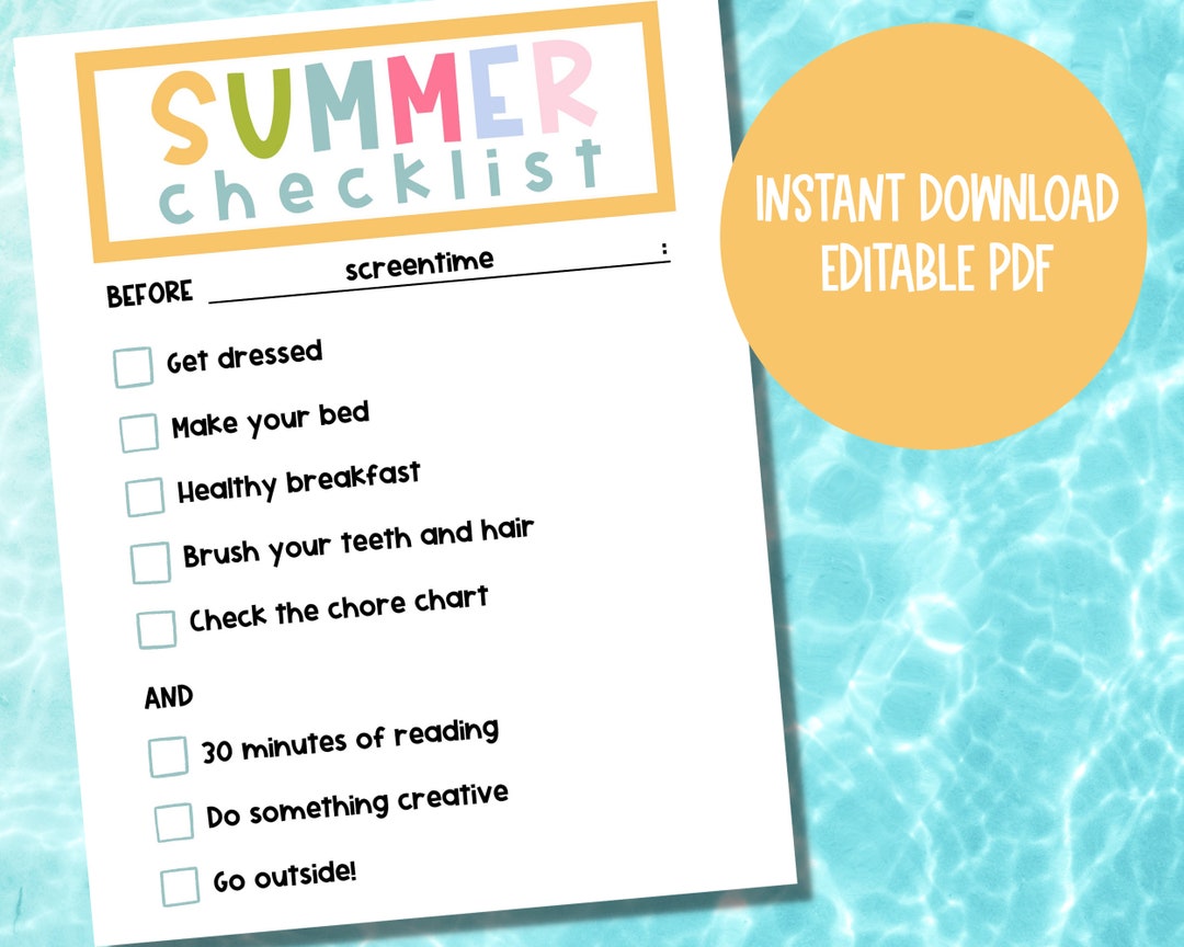 Summer Screen Time Checklist Editable PDF - Etsy