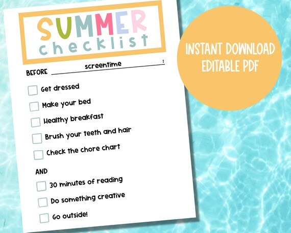 Summer Screen Time Checklist Editable PDF - Etsy
