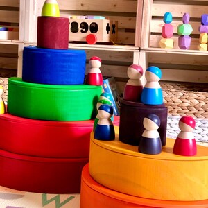 Large Wooden Rainbow Stacker Bundle: Montessori Peg Dolls Toy Set - Etsy