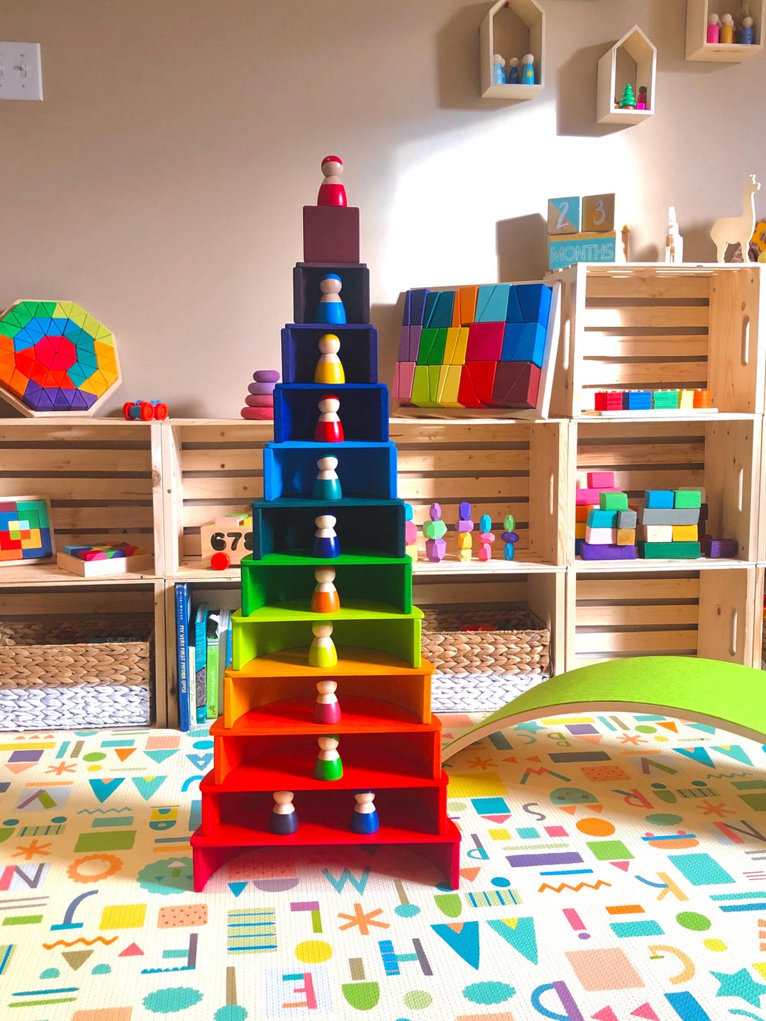 Large Wooden Rainbow Stacker Bundle: Montessori Peg Dolls Toy Set - Etsy