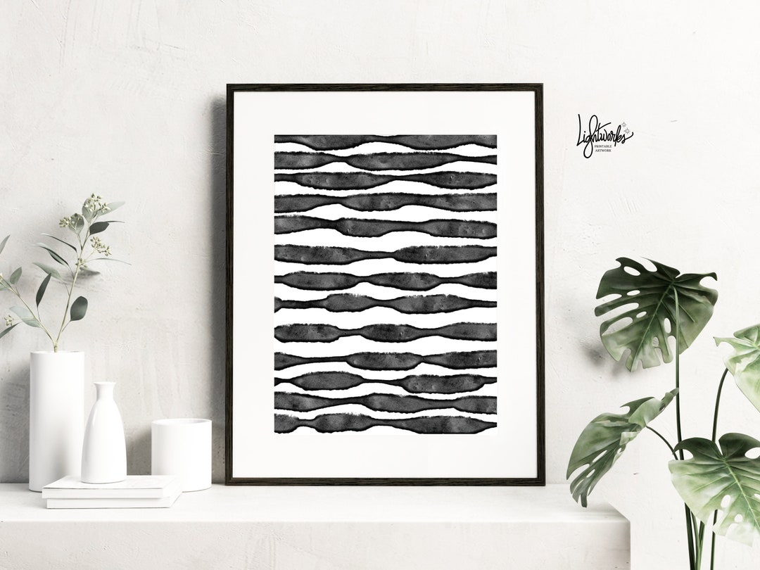 Watercolor Abstract Horizontal Line Art, Black and White, Contemporary ...