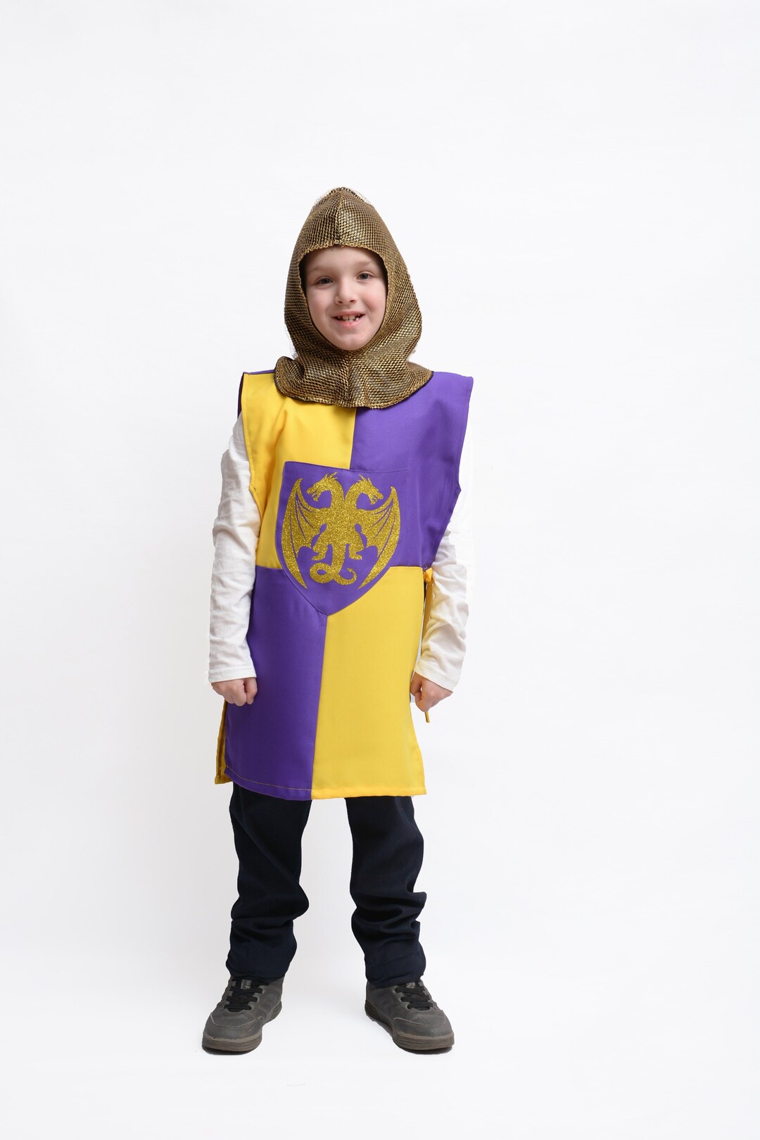 Knight Costume Edward – Yellow and Purple Tunic With Gold Dragon Print ...